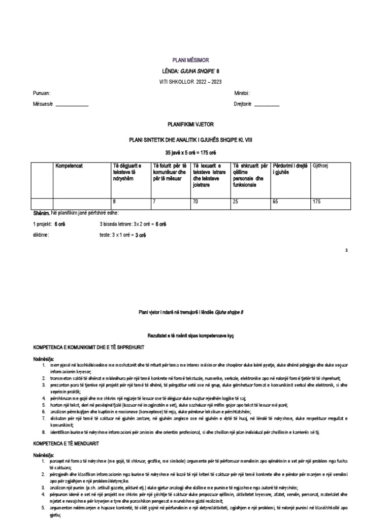Gjuha Shqipe 8 Plani Mesimor 2022 2023 Fwjabo | PDF