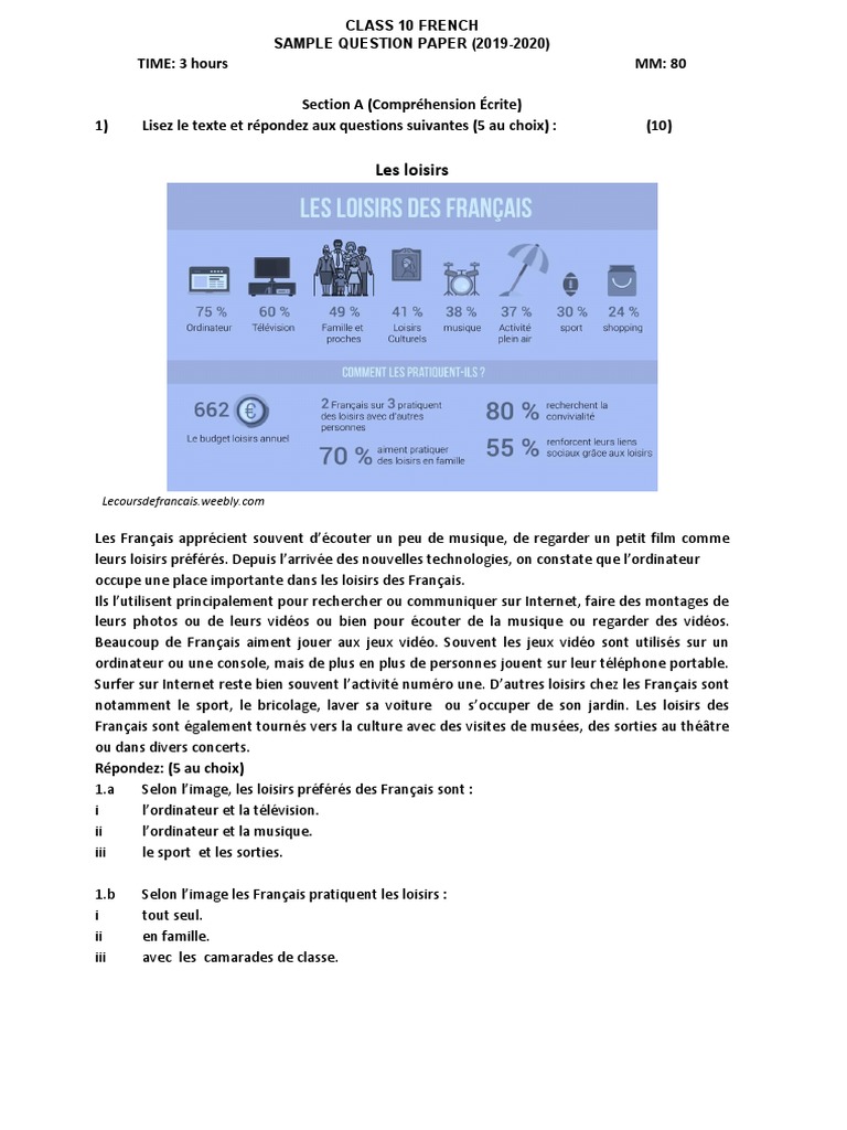 CBSE Class 10 French Sample Question Paper 2019-20 | PDF | France ...