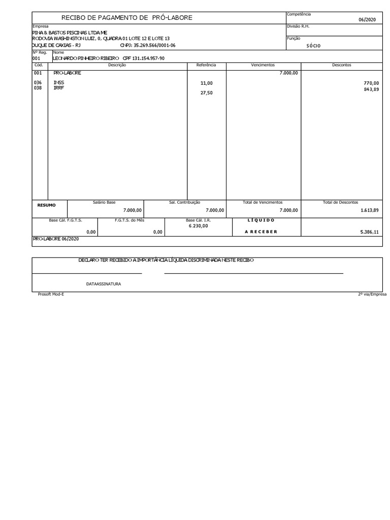 Recibo Pro-Labore Leonardo | PDF