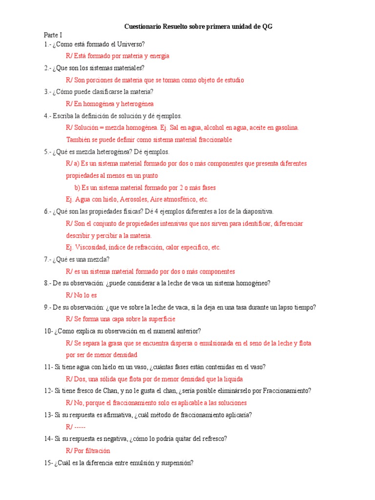 Cuestionario Resuelto Sobre Primera Unidad de QG | PDF | Importar | Mole (Unidad)