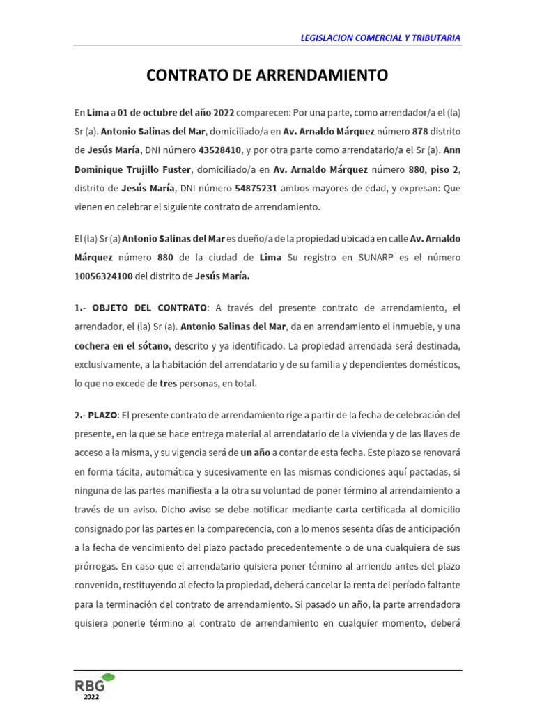 Contrato de Arriendo - Ejemplo | PDF | Condominio | Propiedad