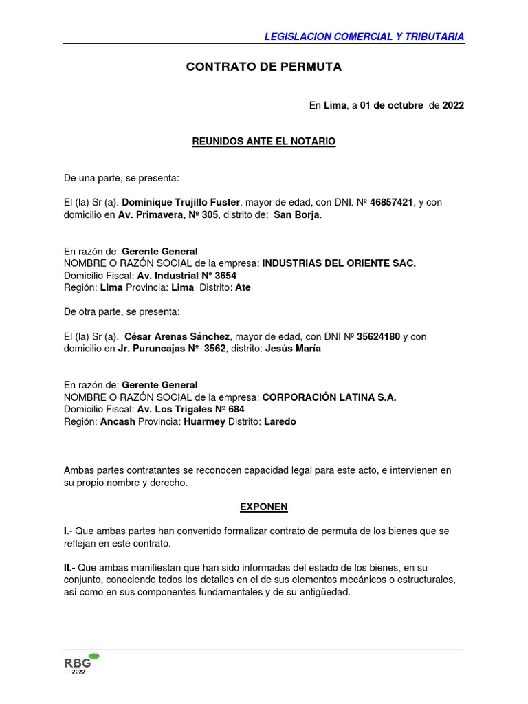 Contrato de Permuta - Ejemplo | Descargar gratis PDF | Justicia ...