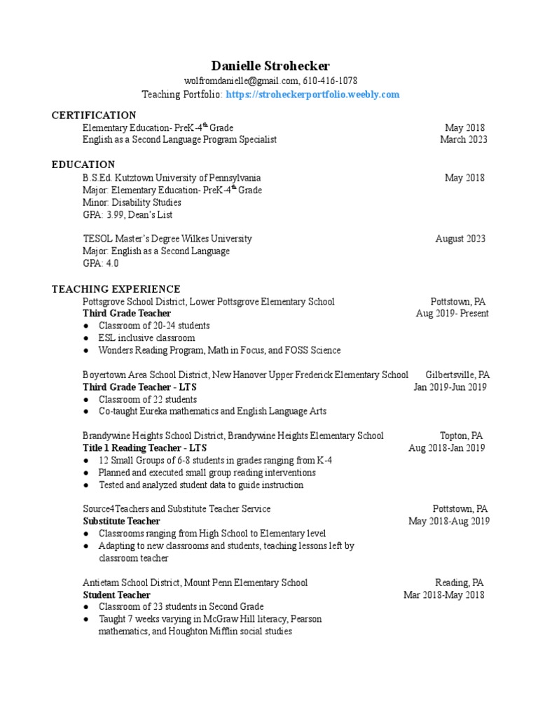 2023 Resume Danielle Strohecker | PDF | English As A Second Or Foreign Language | Teachers