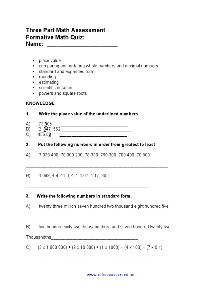 Part Math Assessment Tool | PDF | Numbers | Integer