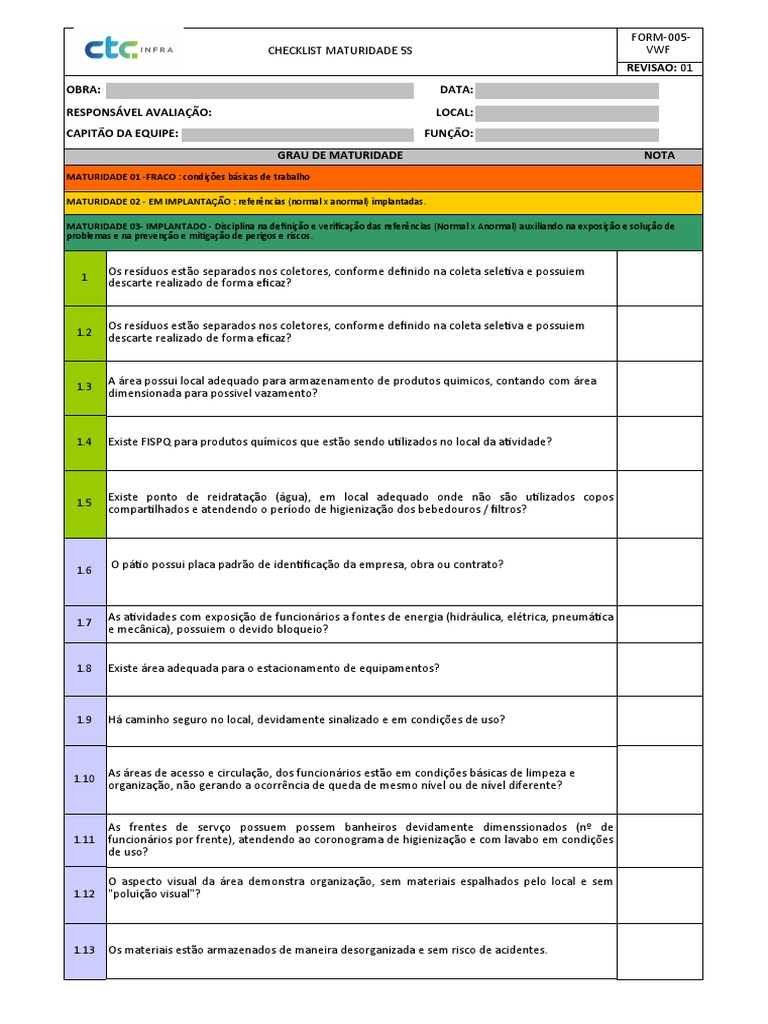 Form 005 VWF r01 Checklist de Maturidade 5s | PDF | Desperdício