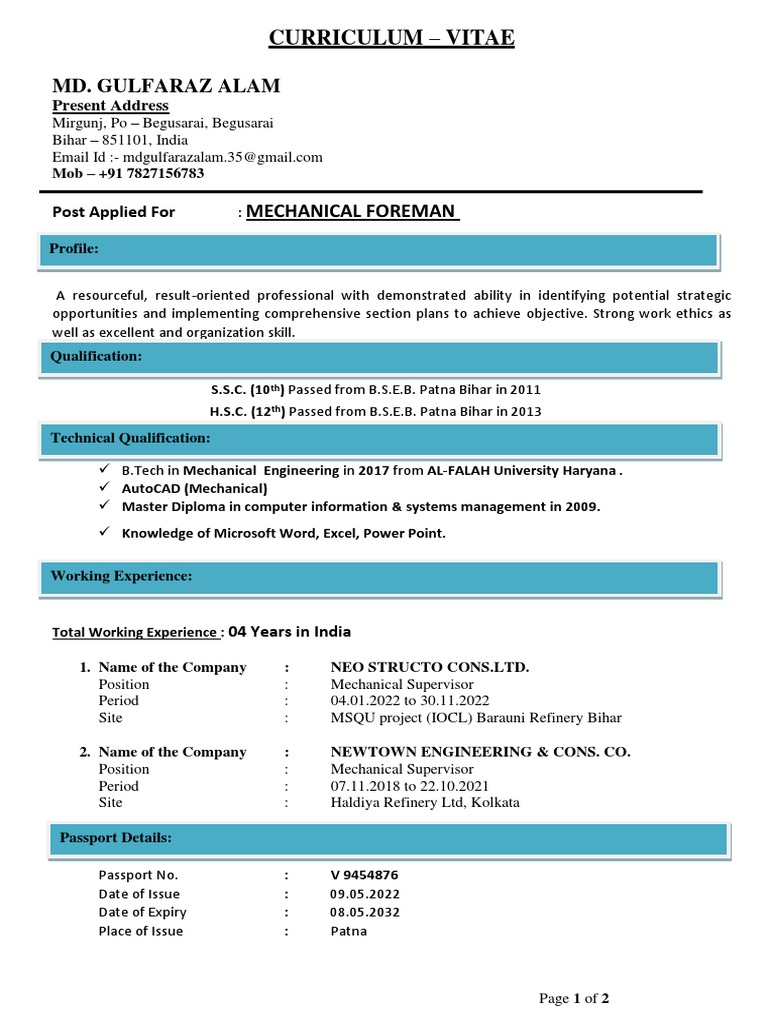 Gulfaraz Mechanical Foreman | PDF