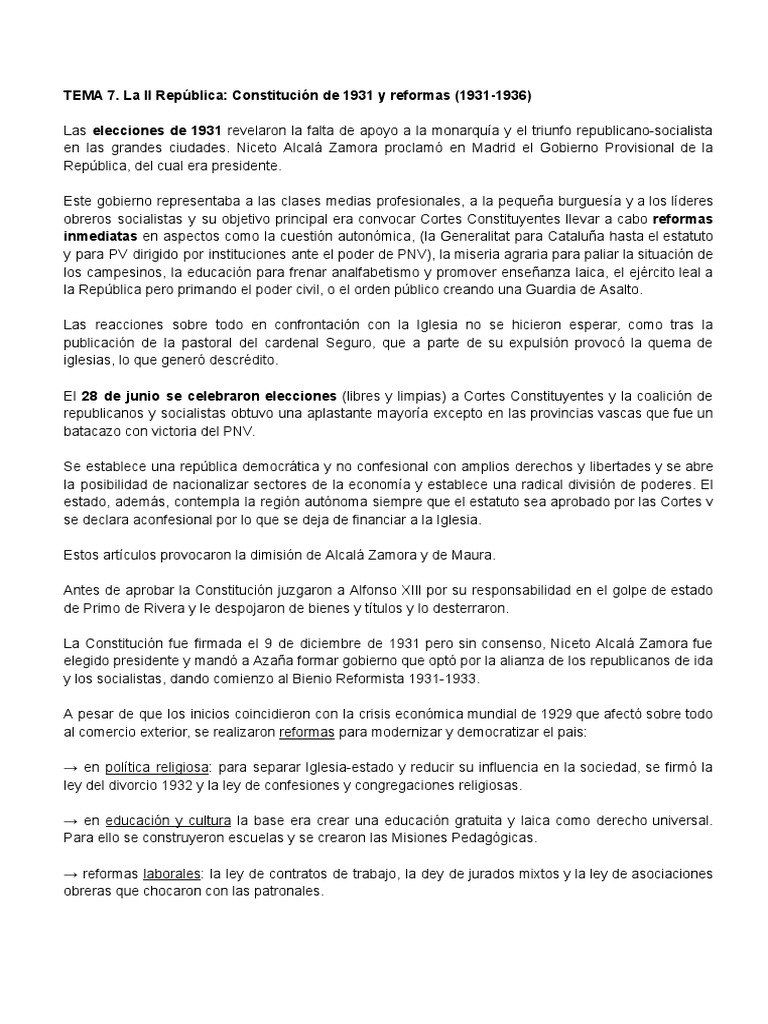TEMA 7. La II República - Constitución de 1931 y Reformas (1931-1936) + TEXTO 13 y 14 | PDF ...
