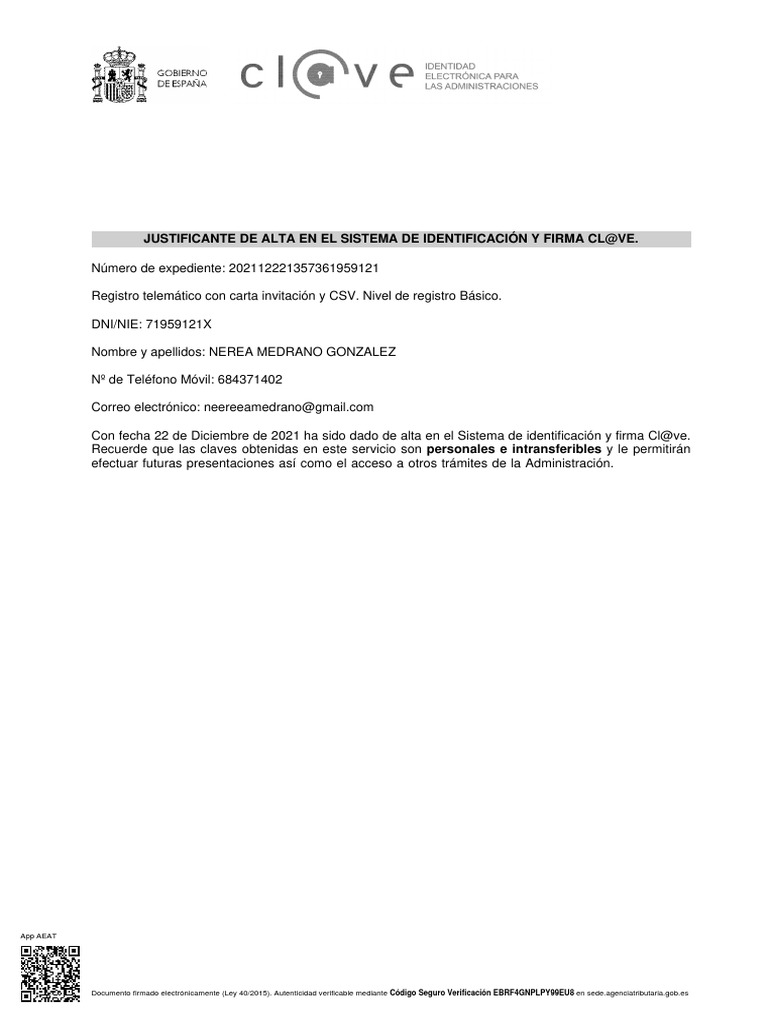 Justificante de Alta en El Sistema de Identificación Y Firma Cl@Ve | Descargar gratis PDF ...