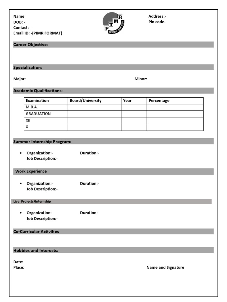 Pimr Resume Format | PDF
