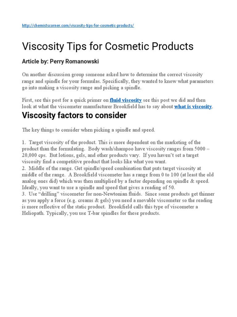 Viscosity Guidelines for Cosmetics | PDF