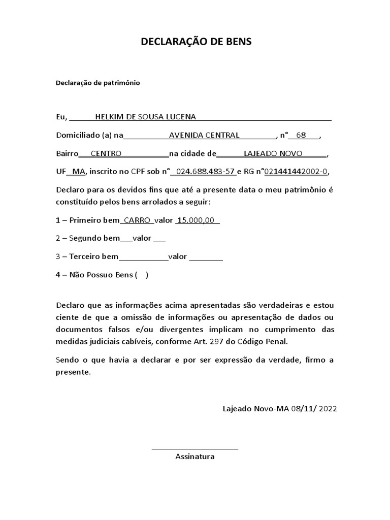 Modelo Declaração de Bens | PDF