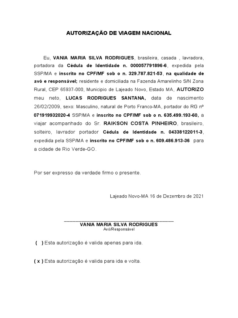Modelo de Autorizacao de Viagem para Menor de 16 Anos de Idade | PDF