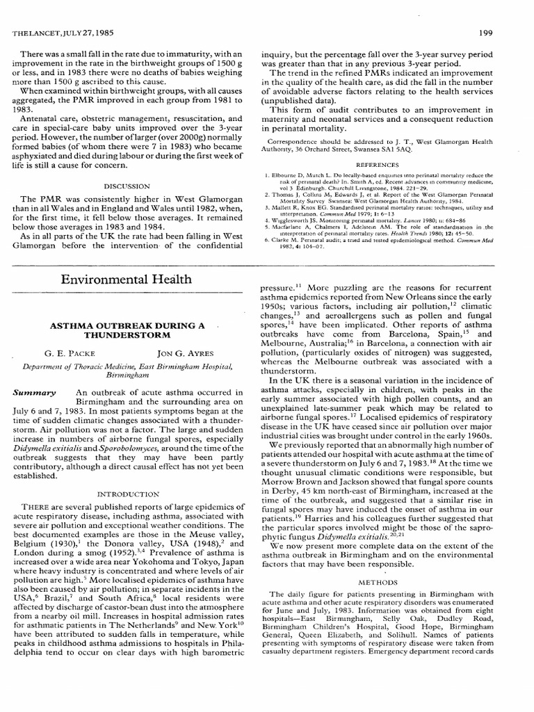 1985 - Packe, Ayres - Asthma Outbreak During A Thunderstorm | PDF | Asthma | Rain