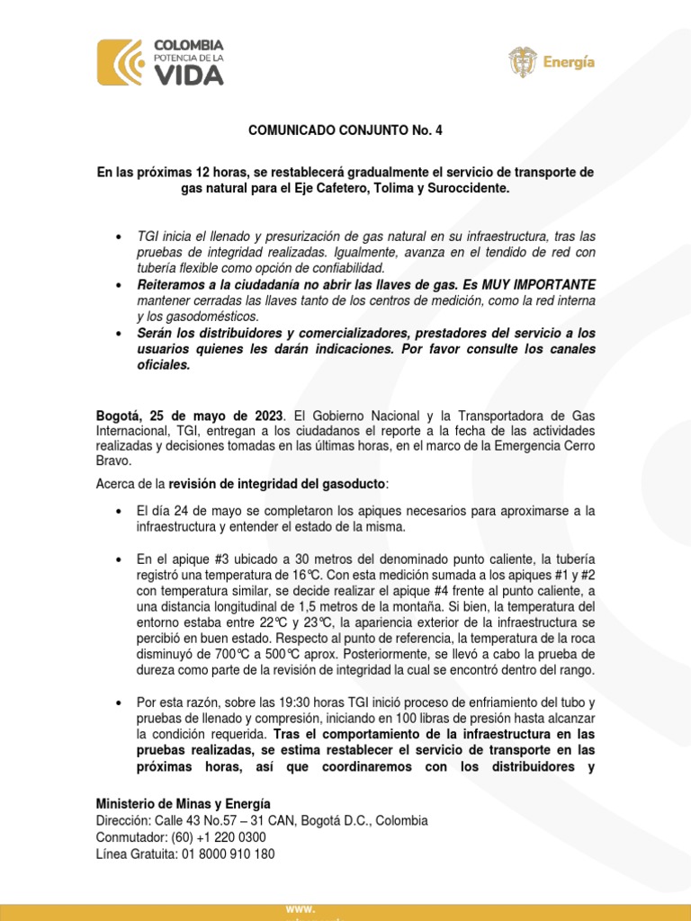 TGI - Comunicado Conjunto 4 Final | PDF | Colombia | Gas natural