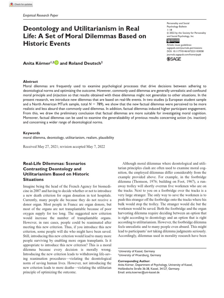 Deontology and Utilitarianism in Real Life - A Set of Moral Dilemmas ...