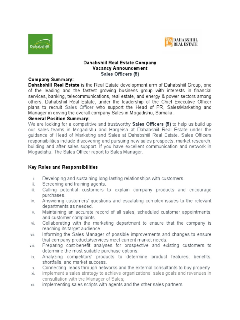 Sales Officers Vacancy Announcement Dahabshiil Real Estate | PDF ...