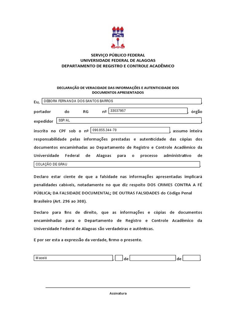 Declaracao de Veracidade e Autenticidade de Documentos Drca | PDF