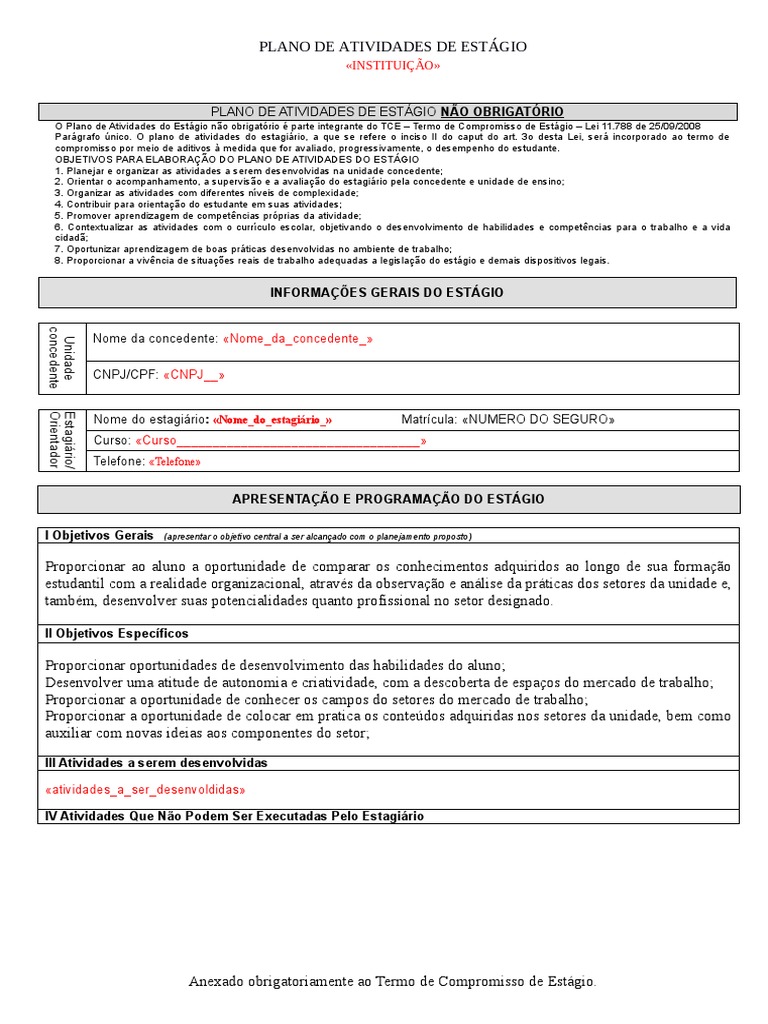 Plano de Atividades de ESTÁGIO NÃO OBRIGATÓRIO | PDF | Estágio ... Plano de Atividades de ESTÁGIO NÃO OBRIGATÓRIO | PDF | Estágio ...