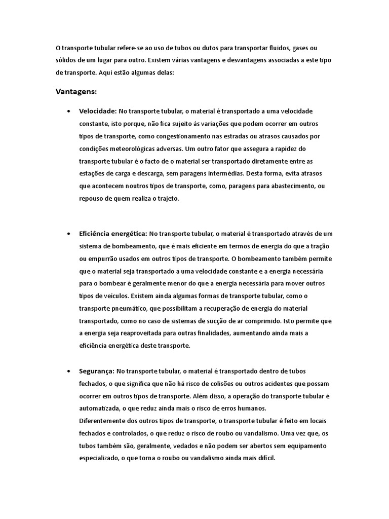 Transporte Tubular Vantagens e Desvantagens | PDF | Transporte de ...