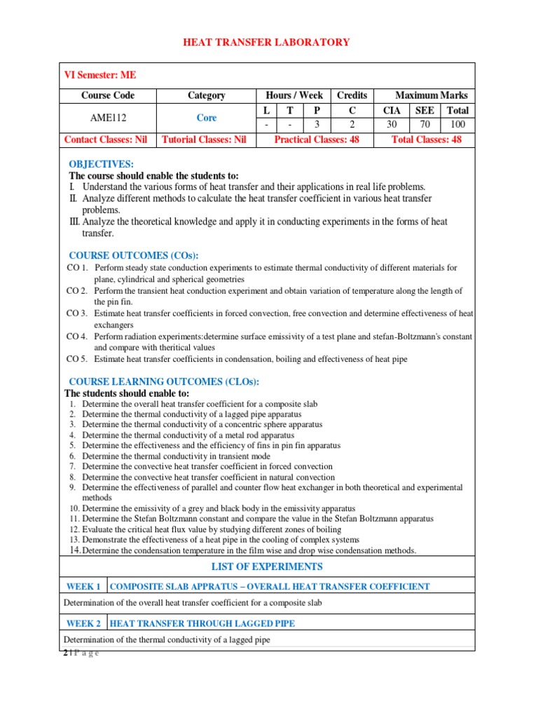 HT Lab Syllabus | Download Free PDF | Heat Transfer | Heat