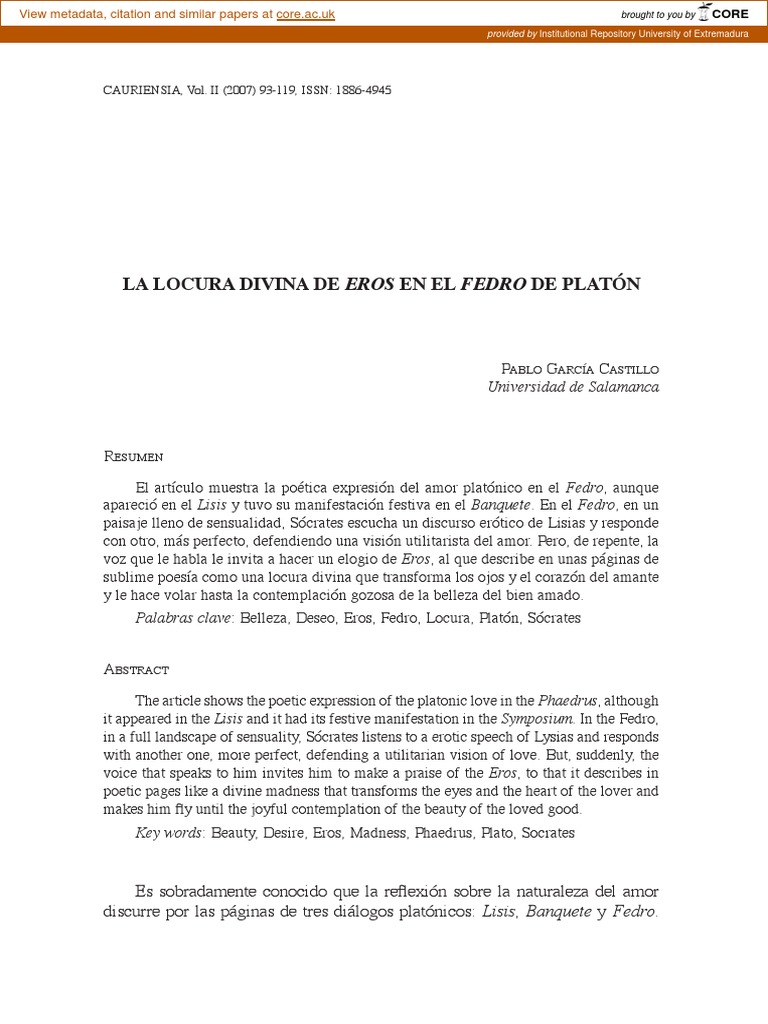 La Locura Divina de Eros en El Fedro de Platón | PDF | Simposio (Platón ...