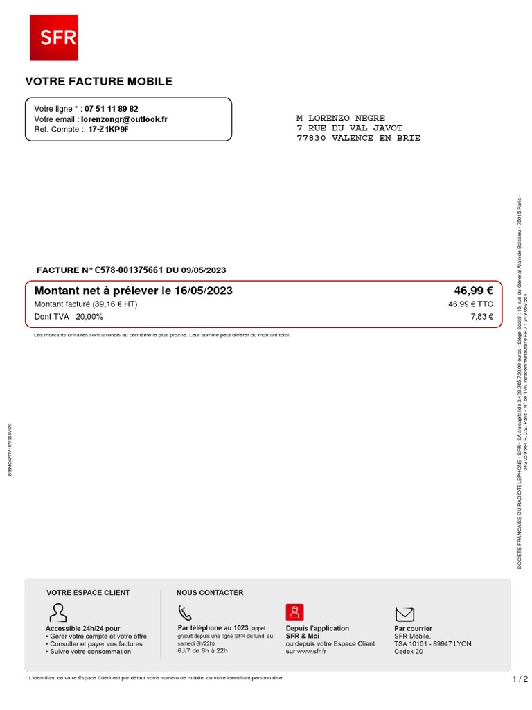 SFR Facture | PDF | Taxe sur la valeur ajoutée | Technologie mobile
