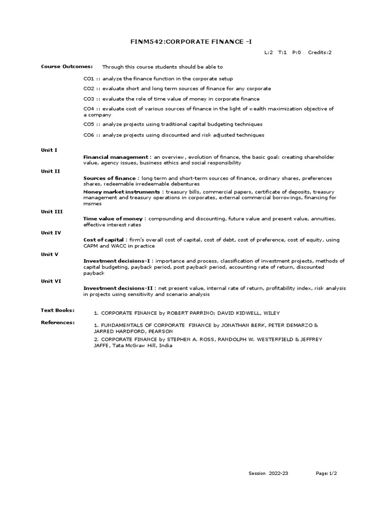Corporate Finance Syllabus | PDF | Cost Of Capital | Capital Budgeting