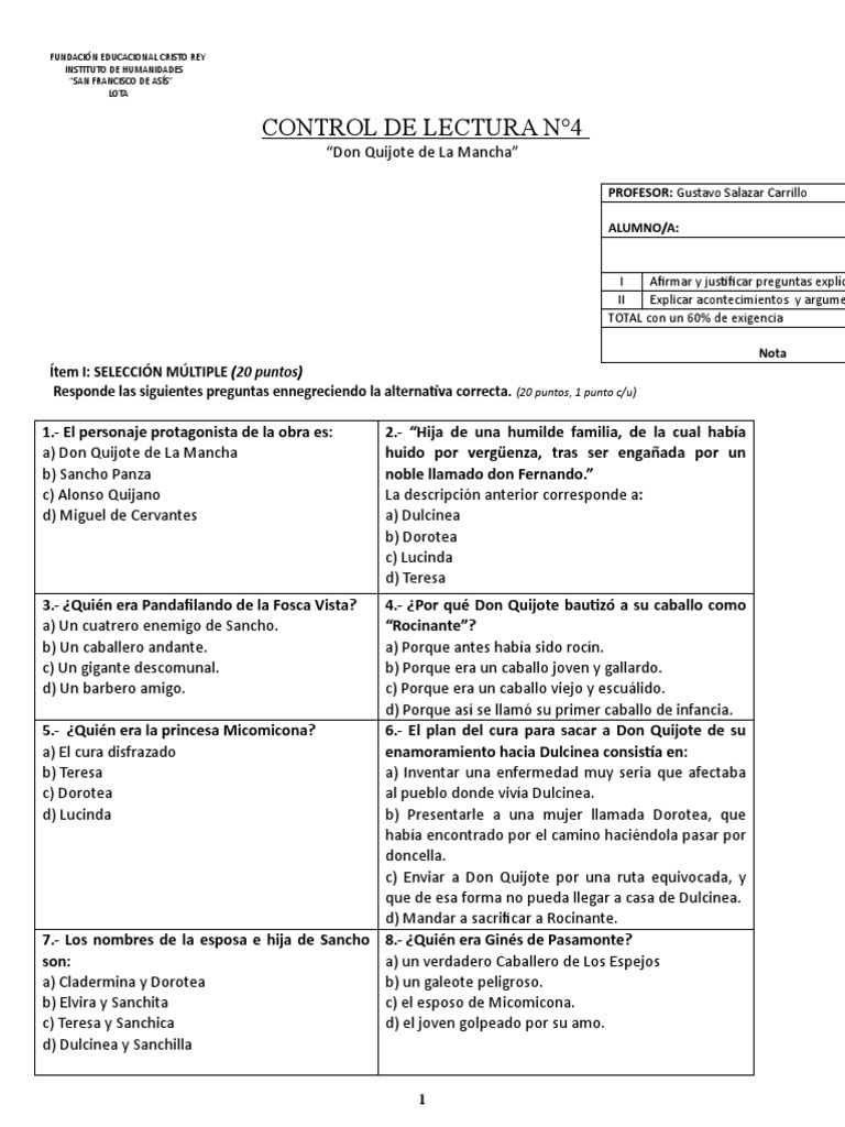 Control de lectura Don Quijote de la Mancha | PDF | Don Quijote | Don ...