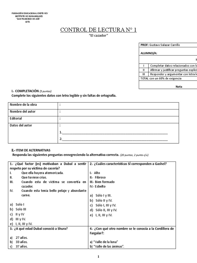 El Cazador Control de Lectura 1em | PDF
