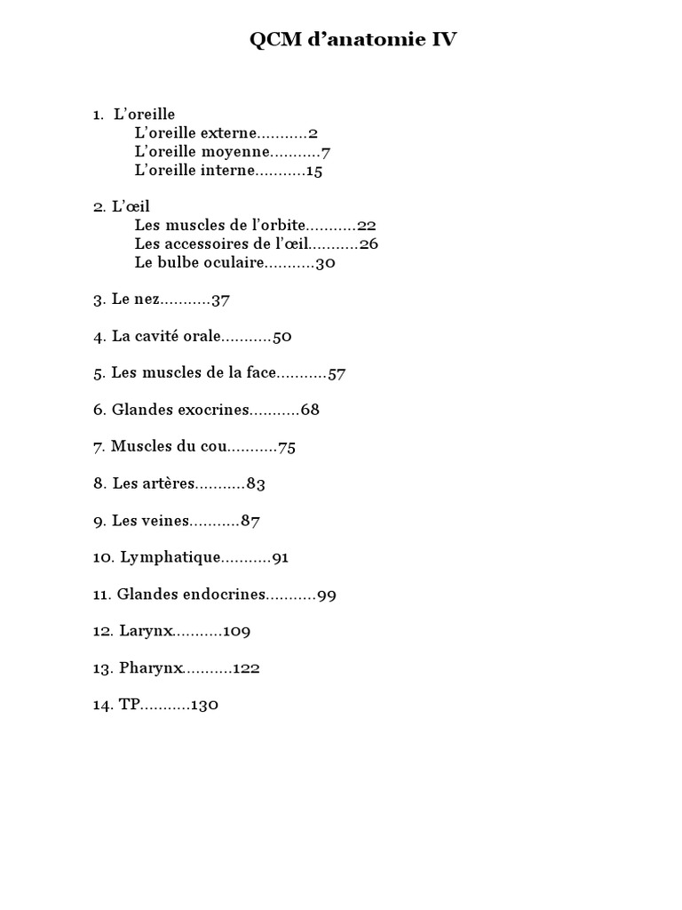 QCM D'anatomie IV | PDF | Système vestibulaire | Oreille