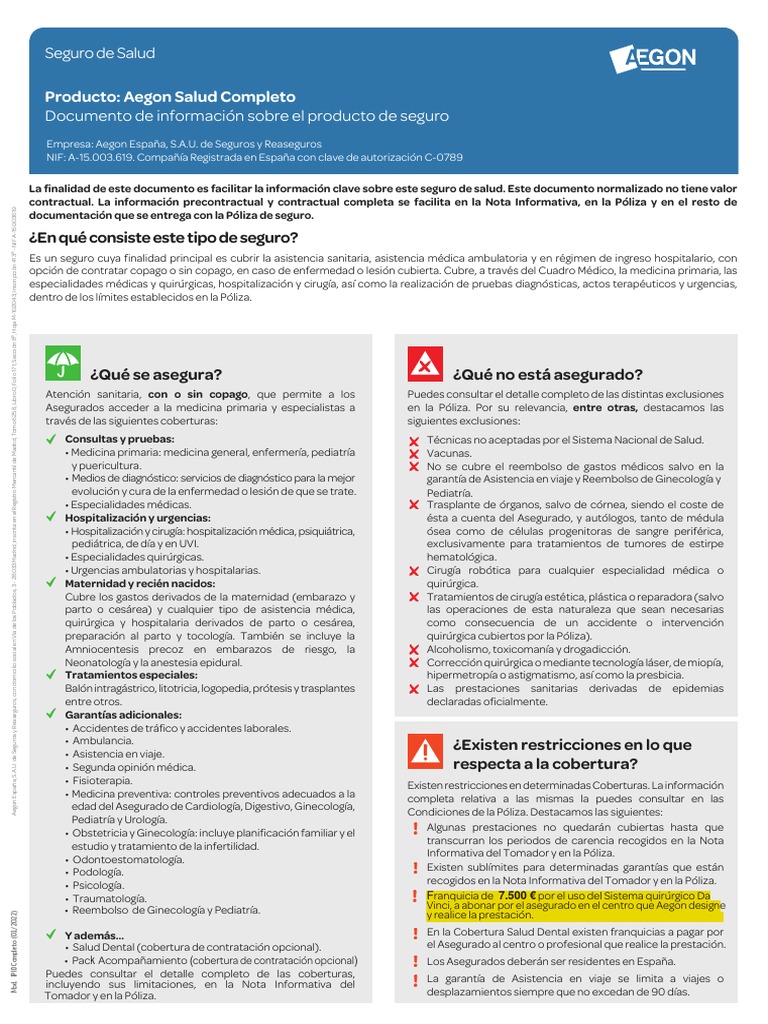 Aegon Salud Completo Sin Copago IPID | PDF | Seguro | Cuidado de la salud