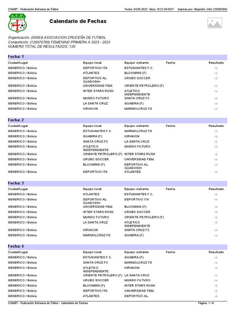 Fixture General 1 Fase Primera A | PDF | Bolivia | Clubes deportivos
