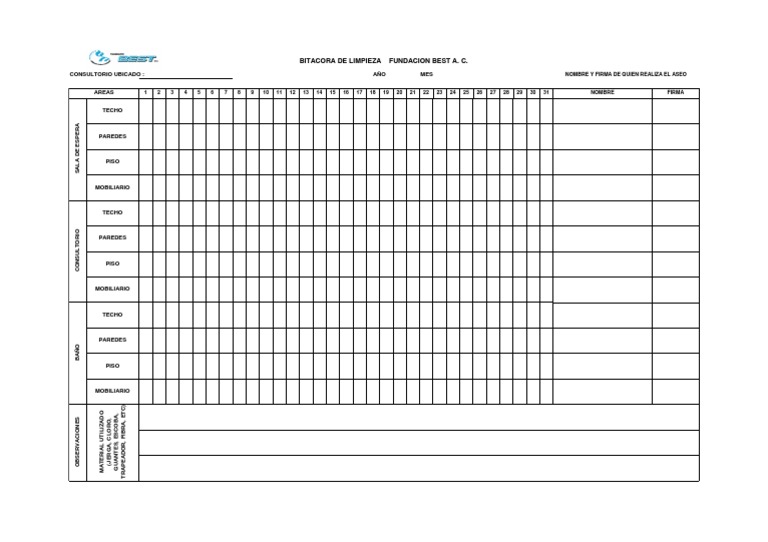 Bitácora de limpieza consultorio | PDF