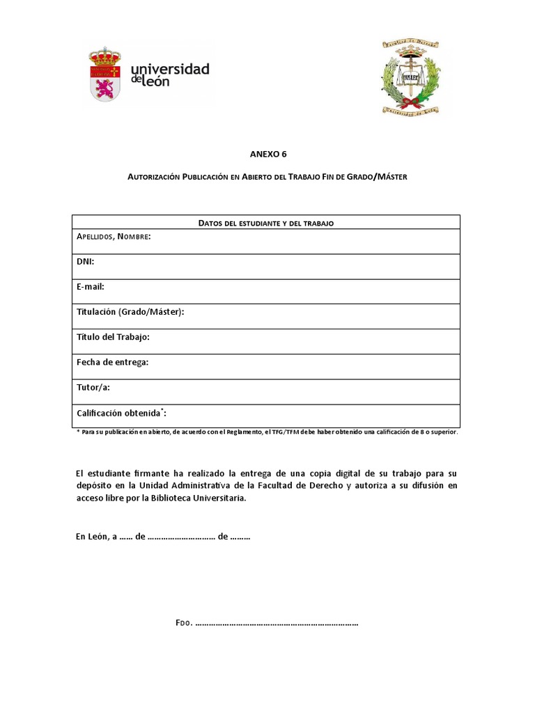 ANEXO 6. Modelo Autorizacion Publicacion Abierto TFG - TFM | PDF