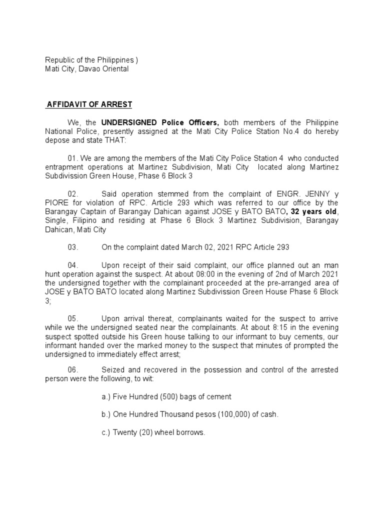 Affidavit of Arresting Officer | PDF | Affidavit | Common Law