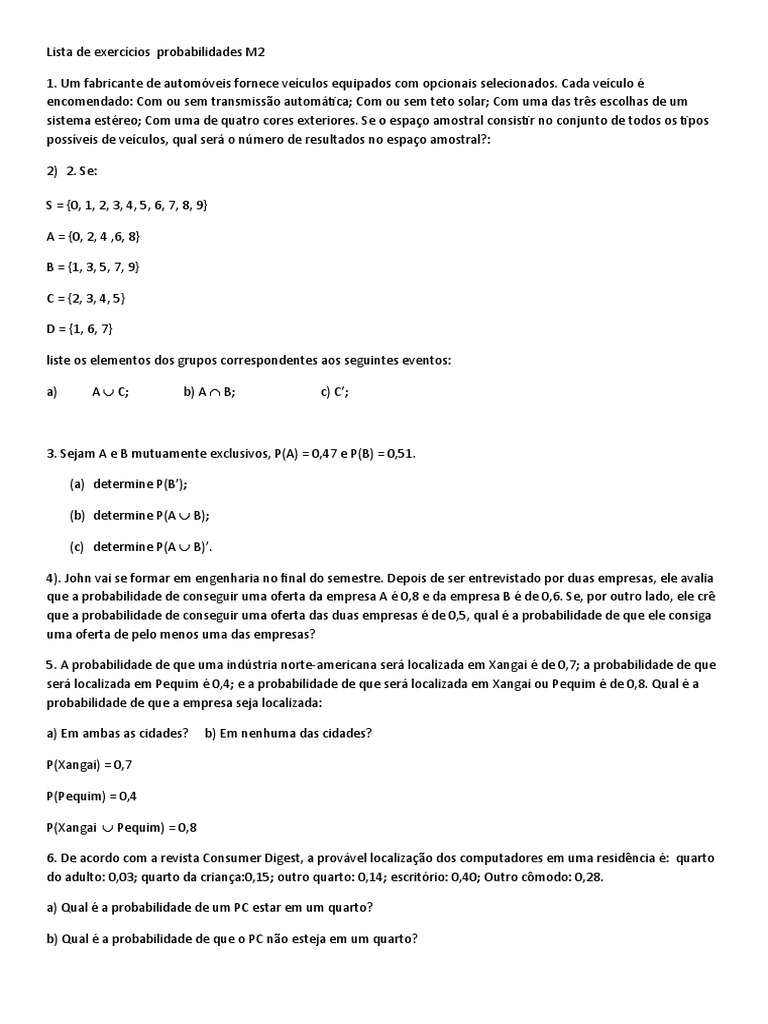Lista de Exercícios Probabilidades Simples | PDF