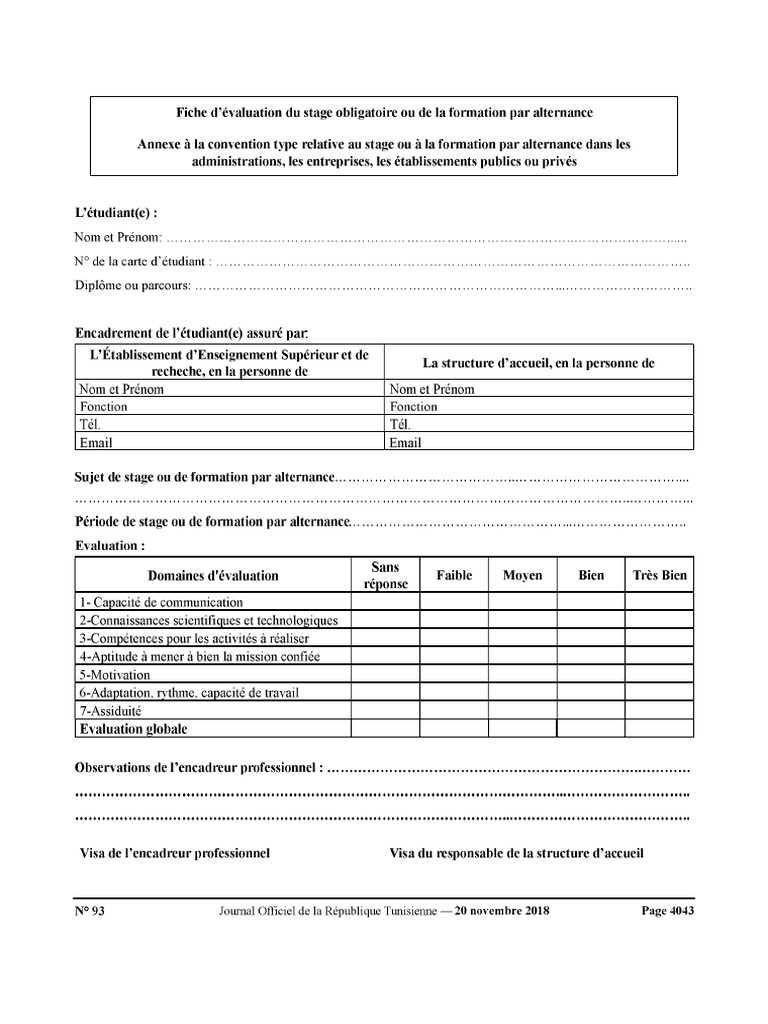 Fiche Evaluation de Stage Obligatoire | PDF