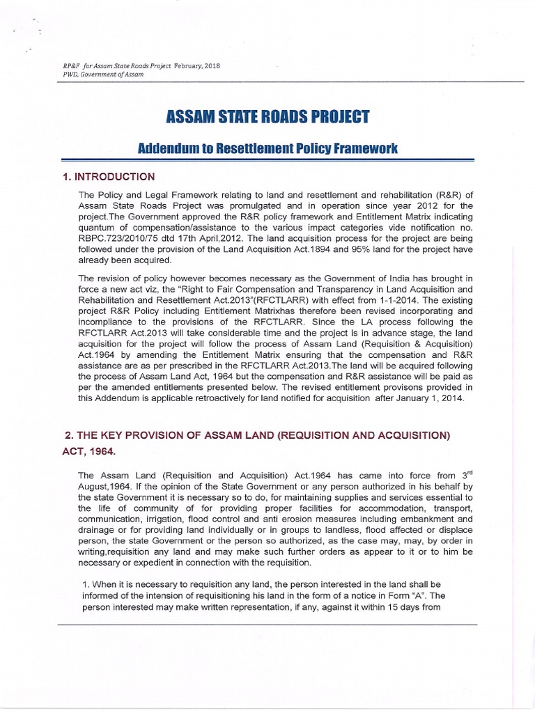 Resettlement Policy Framework Addendum of Assam State Roads Project | PDF