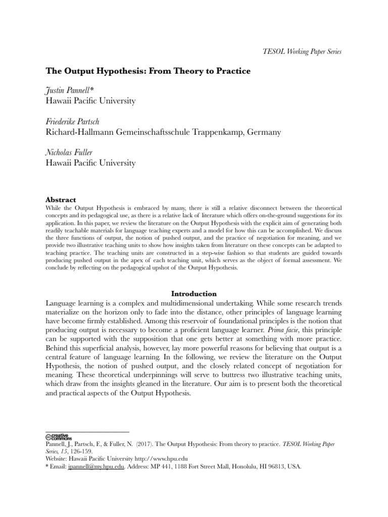 Pannell, Partsch, Fuller - The Output Hypothesis. From Theory To Practice | PDF | English As A ...