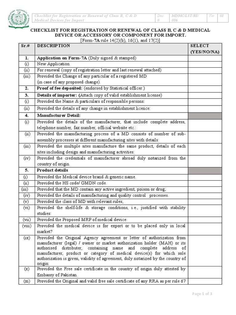 Checklist For Registration or Renewal of Class B C D Medical Devices ...