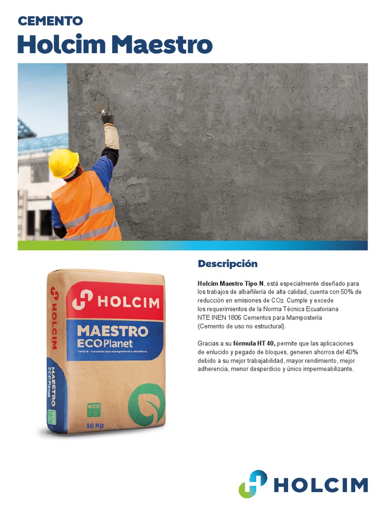 Cemento Holcim Maestro: Ecoamigable y Eficiente | PDF | Cemento | Albañilería