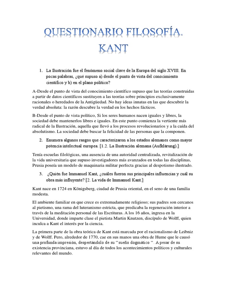 QUESTIONARIO FILOSOFÍA | PDF | A priori y a posteriori | Immanuel Kant