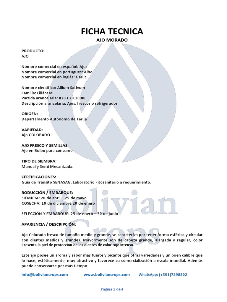 Ficha Tecnica Ajo Colorado Tarija Cosecha 2022 2023 Mayo23 | Descargar ...