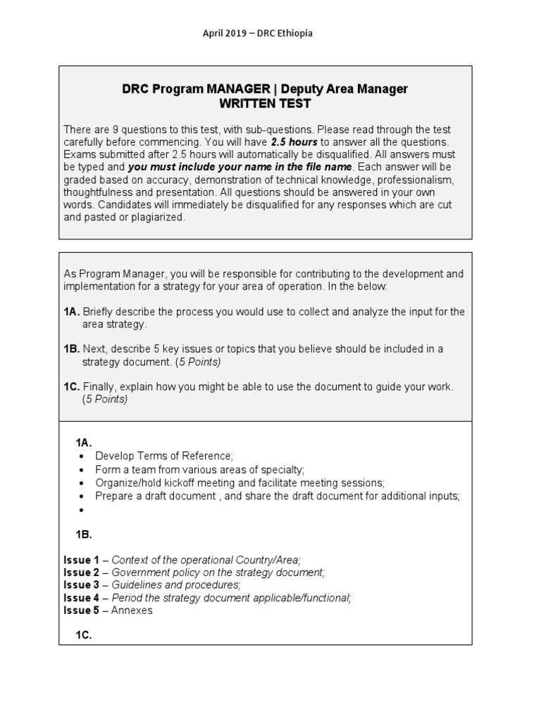 NewWritten Test - DRC' Program MANAGER - Deputy Area Manager - April ...