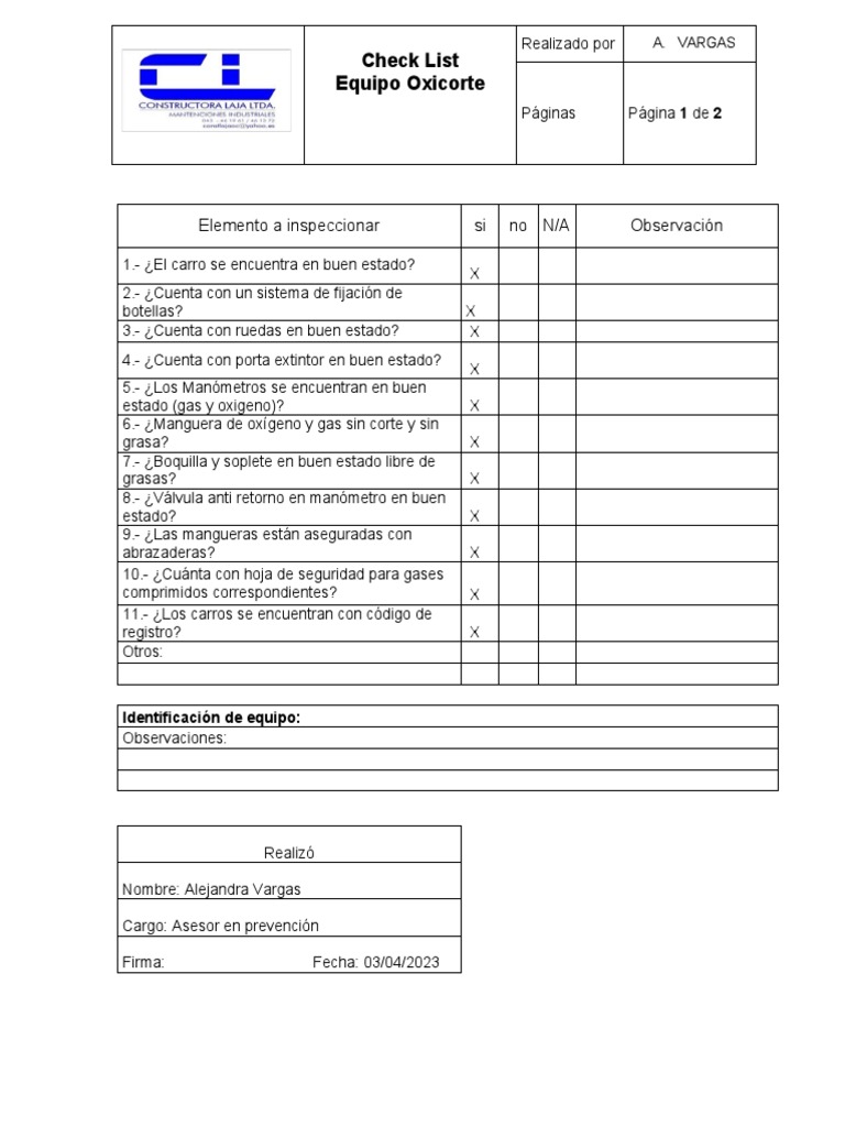 check list equipo oxicorte A. VARELA | PDF