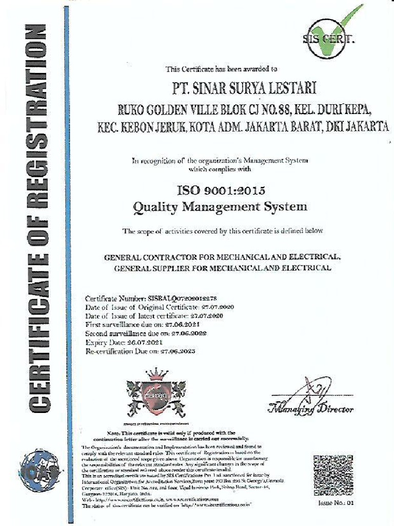 Sertifikat Iso 9001 2015 Quality Management System | PDF