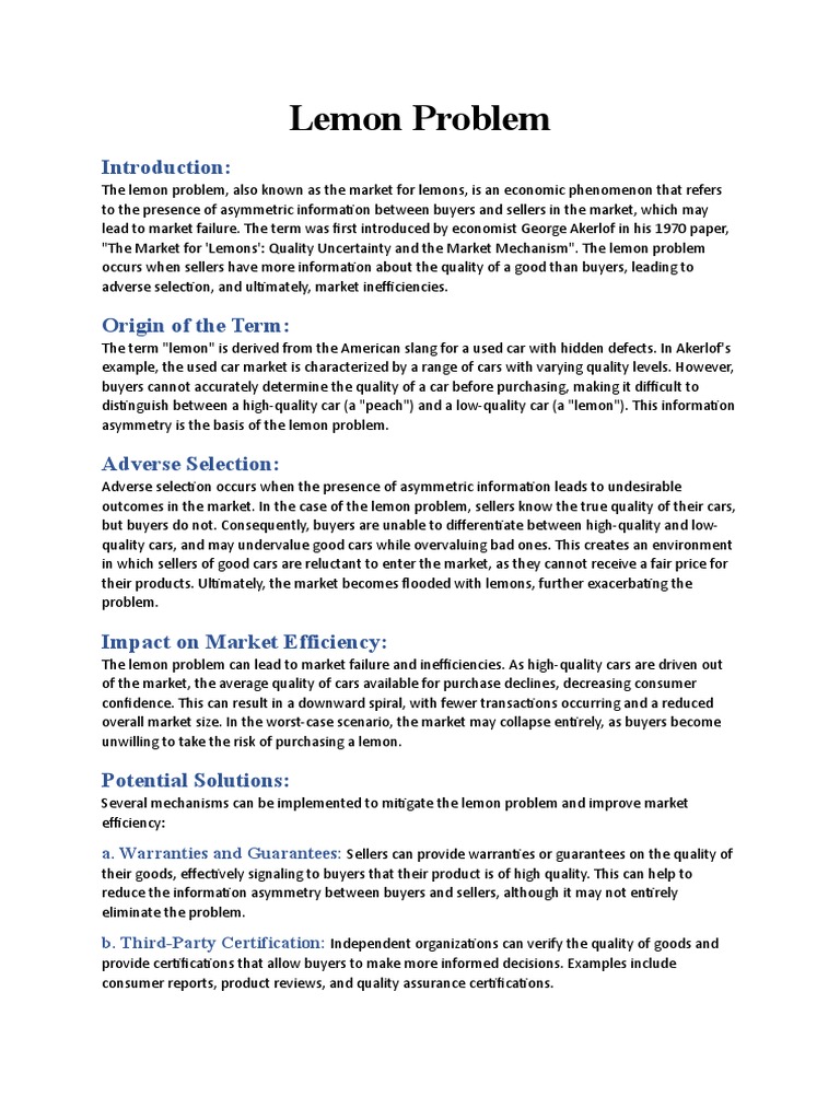 Lemon Problem | PDF | Adverse Selection | Microeconomics