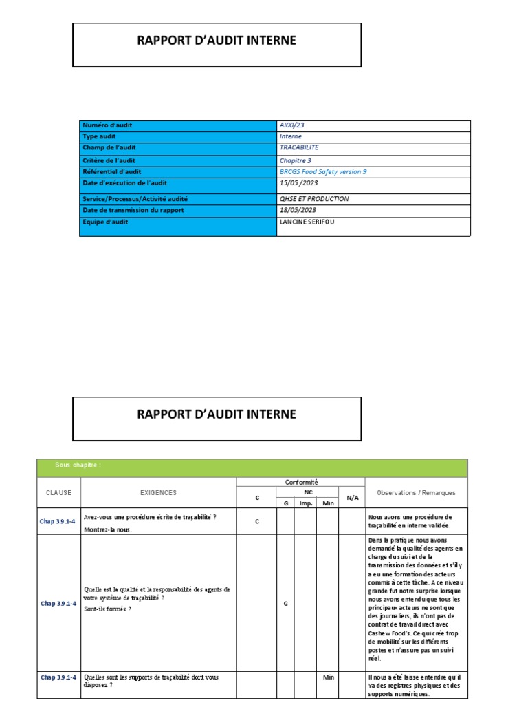 RAPPORT D'AUDIT INTERNE Chap 3 BRCGS V9 | PDF | Audit | Informatique