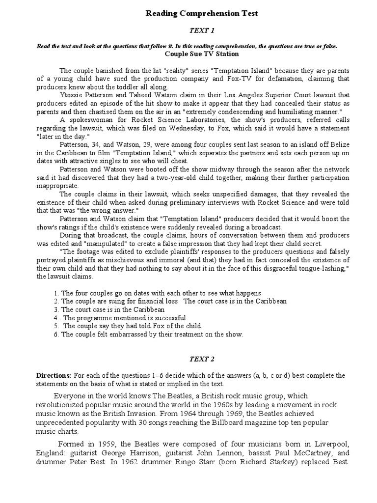 Reading Comprehension | Download Free PDF | The Beatles | Ringo Starr