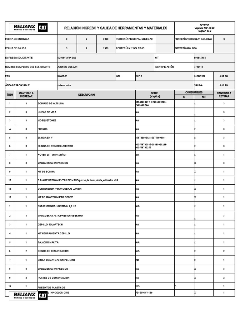Sff07v3 Relación Ingreso y Salida de Herramientas y Materiales 3 Mayo | PDF